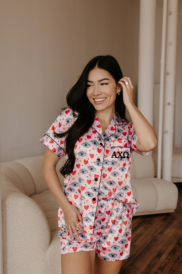 Greek Letter Pink Eyes pajamas - Alpha Chi Omega – Spikes and Seams Greek
