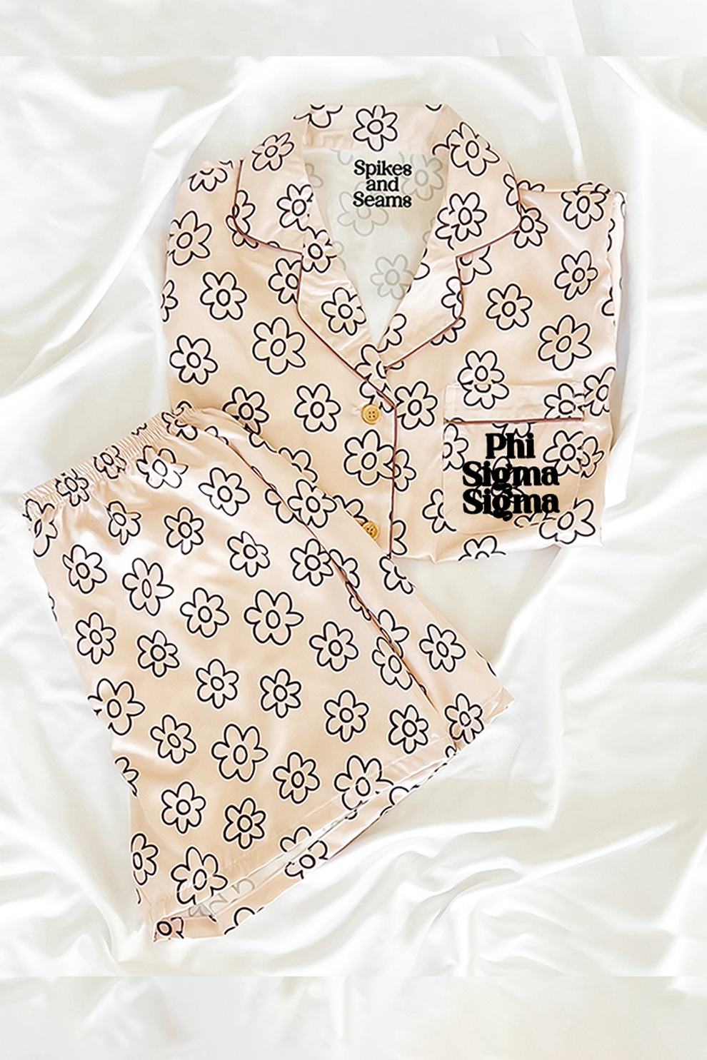 Block Font Beige Daisy Pajamas - Phi Sigma Sigma – Spikes and Seams Greek